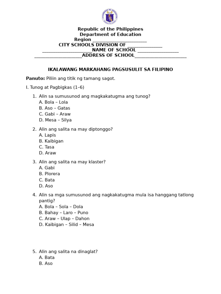 Periodical Test in Filipino 2 | PDF