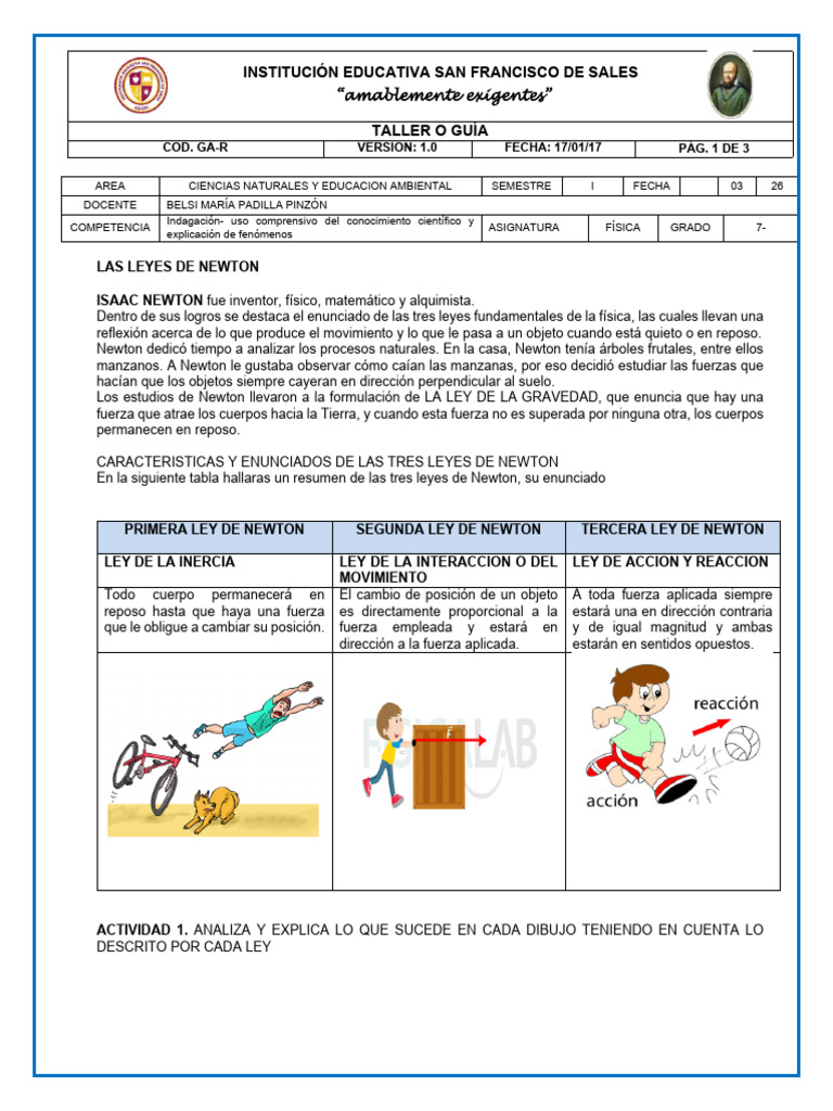 Taller n. 2 Ley de Newton | PDF | Fuerza | Las leyes del movimiento de ...