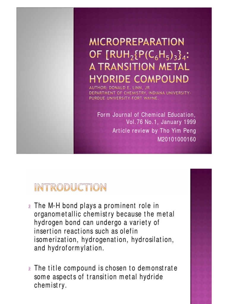 Micropreparation of RuH2 (P (C6H5) 3) 4: A Transition Metal Hydride ...