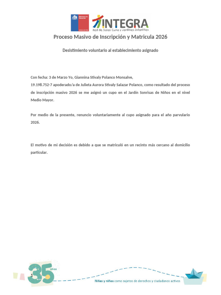 Renuncia Cupo Asignado 2026 - DPGR | PDF