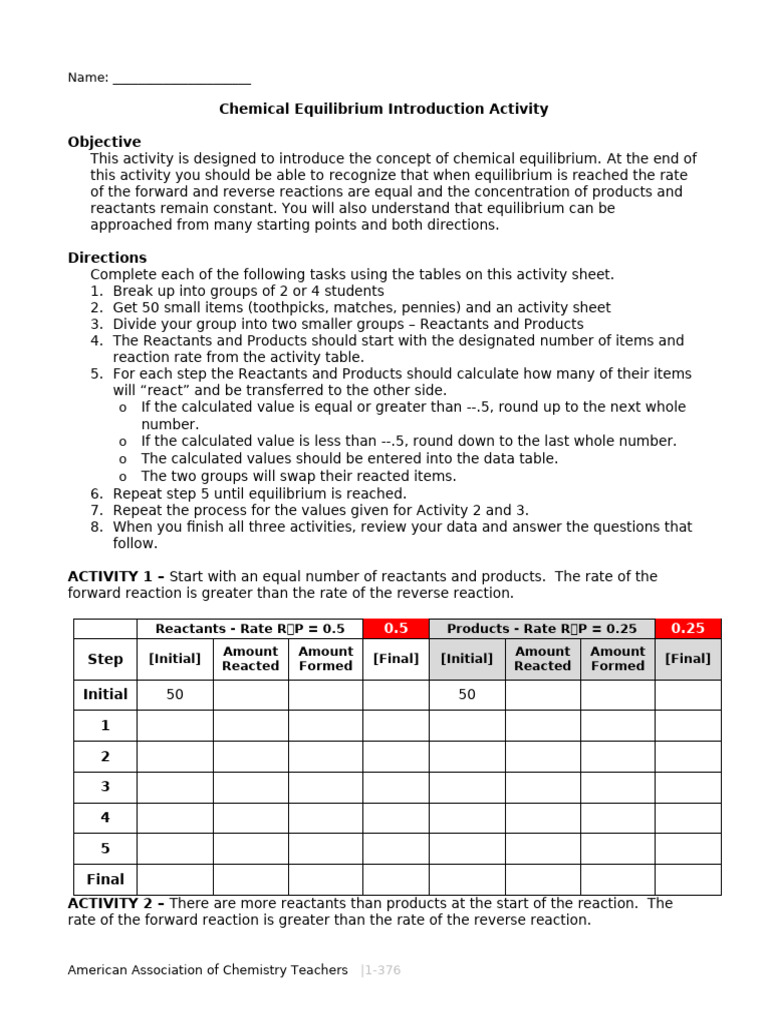Activity Equilibriumintroduction Student | PDF | Reaction Rate ...