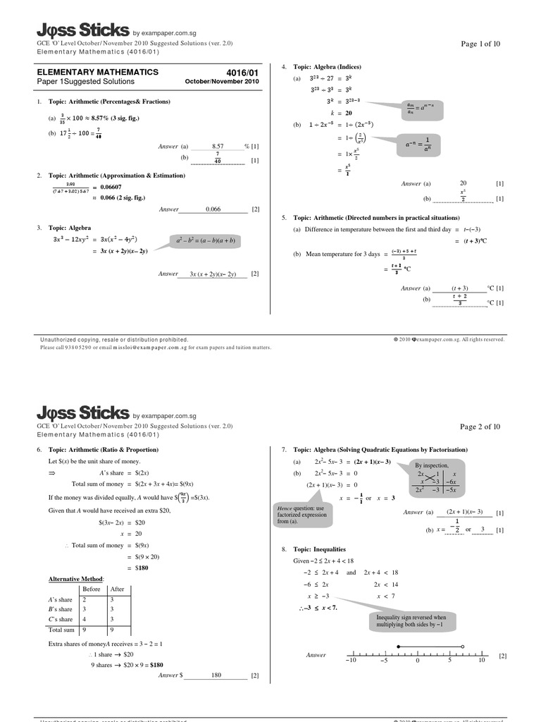 Gce o Level 2010 Emaths 4016 Paper 1 Solutions - Unlocked | PDF ...