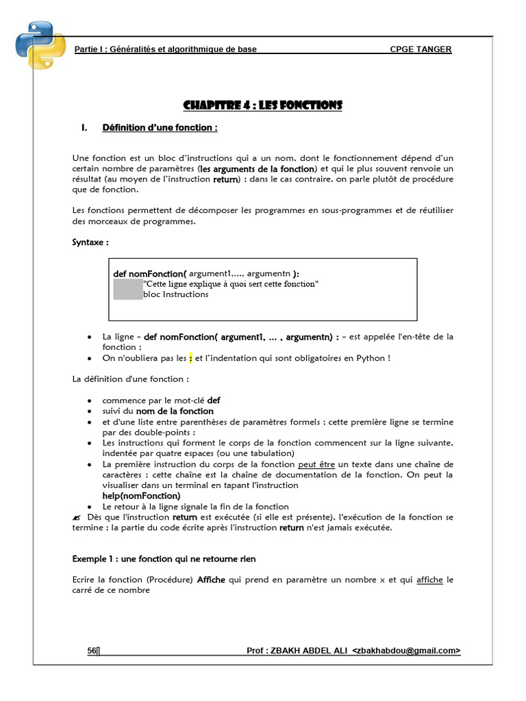 Chapitre4 Python Fonctions ZBAKH | PDF | Python (Langage de ...