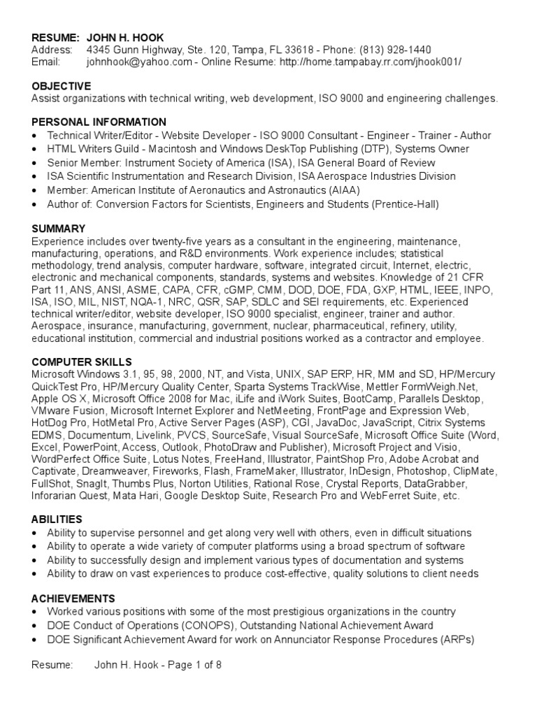 John Hook Resume 10 Jul 08 | PDF | Programmer | Specification (Technical Standard)