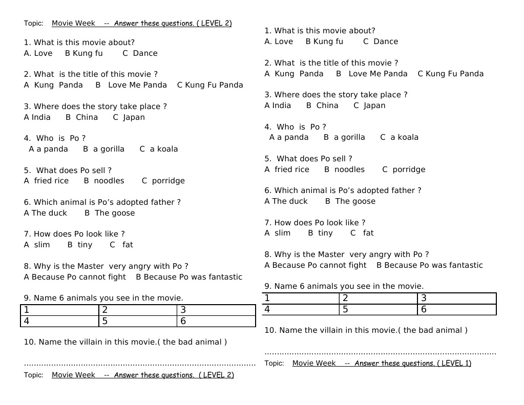 Topic: Movie Week - Answer These Questions. (LEVEL 2) | PDF | Giant ...