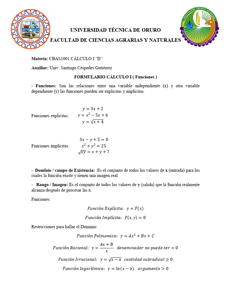 Formulario Cálculo I Funciones | PDF