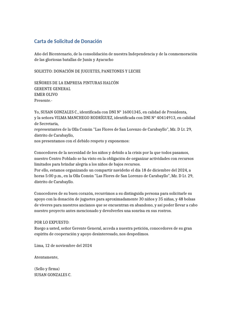Carta de Solicitud de Donacion | PDF