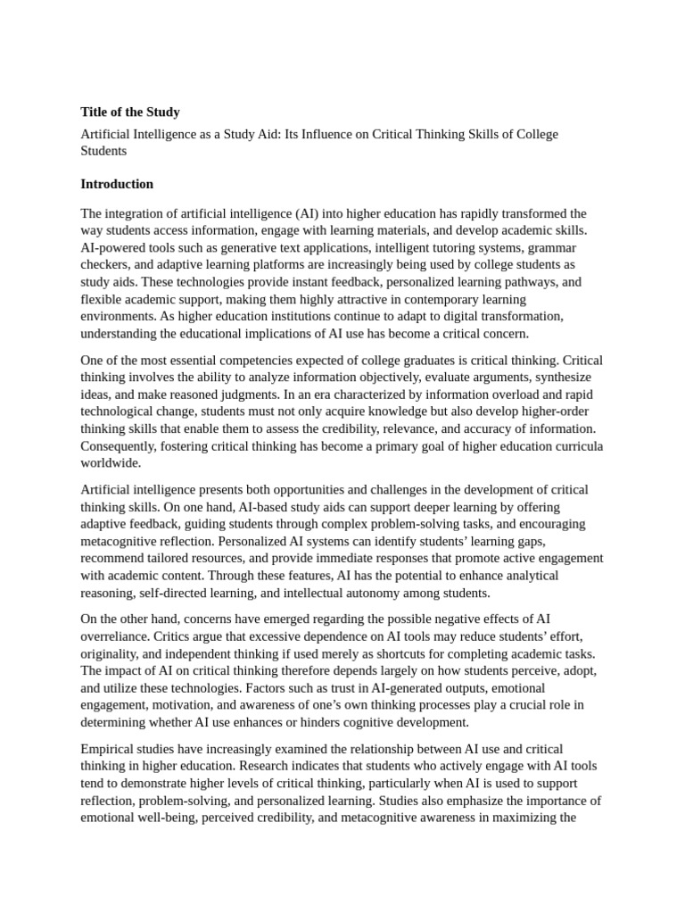 Artificial Intelligence as a Study Aid Its Influence on Critical ...