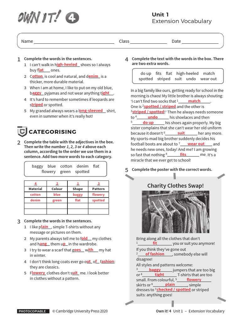 Extension Vocabulary Unit1 With Answers | PDF | Clothing | Fashion