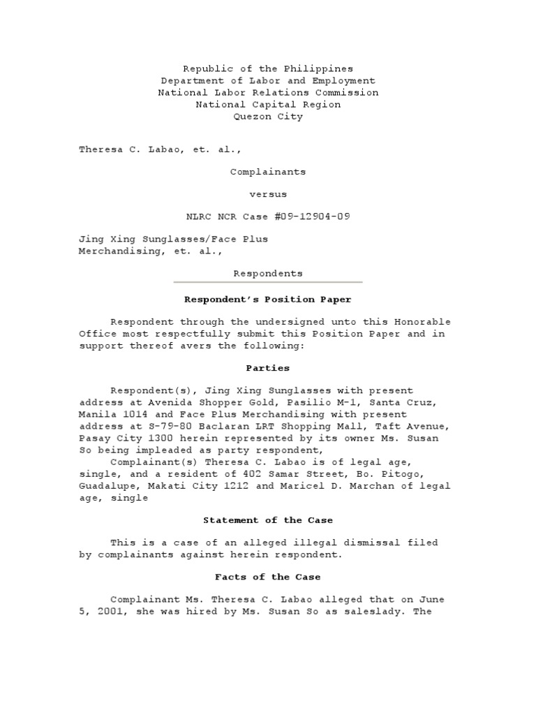 Respondent's Position Paper | PDF | Metro Manila | Justice