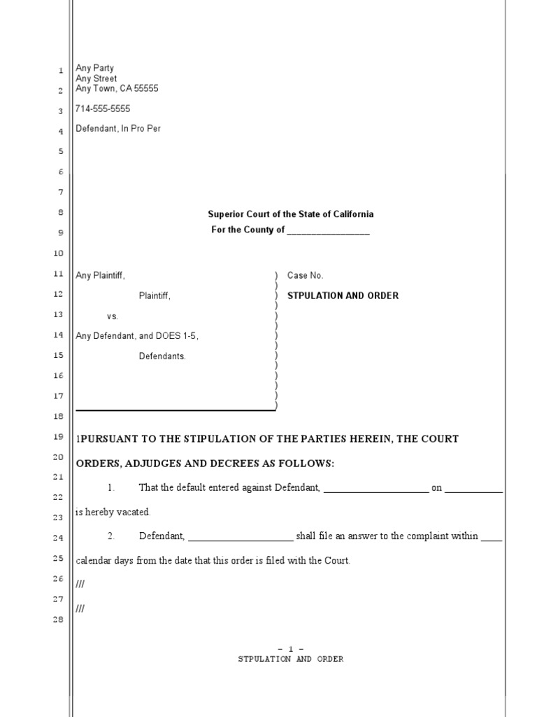 Sample Stipulation and Order For California | PDF | Lawsuit | Judiciaries
