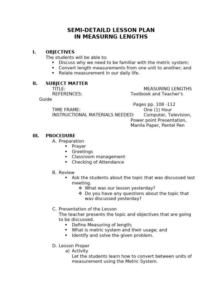 Semi-Detailed Lesson Plan in Measuring of Lengths | PDF | Lesson Plan ...