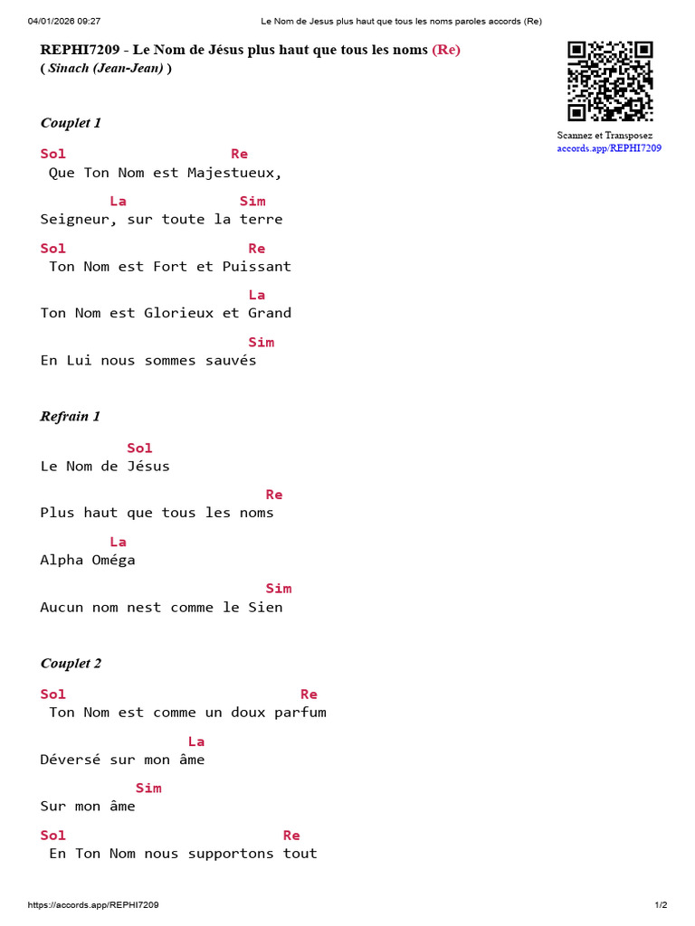 Le Nom de Jesus Plus Haut Que Tous Les Noms Paroles Accords (Re) | PDF