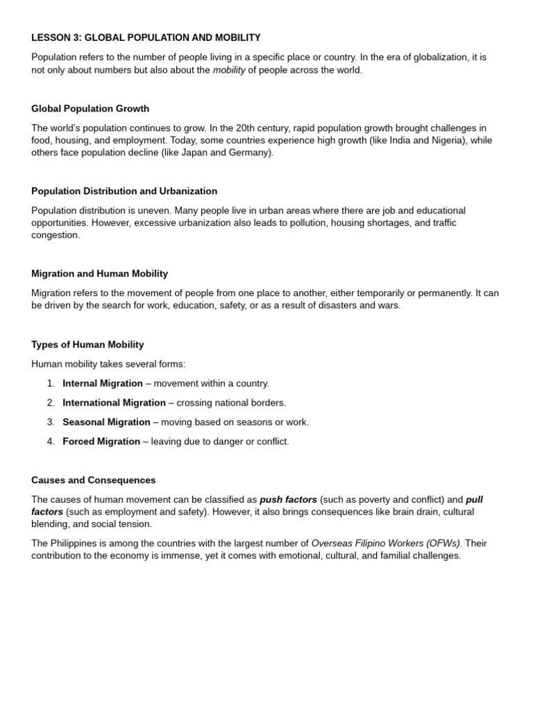 Lesson 3 - Global Population and Mobility | PDF