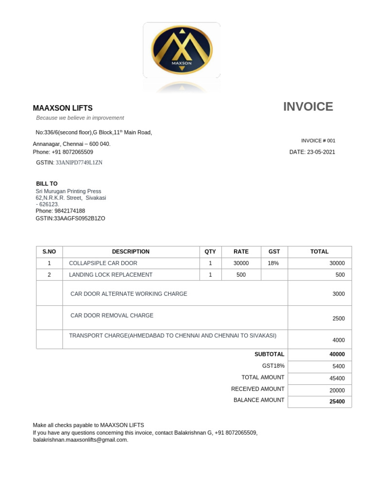 Invoice: Maaxson Lifts | PDF