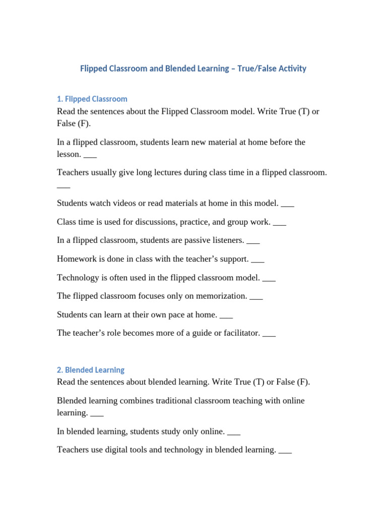 Flipped Classroom and Blended Learning True False | PDF