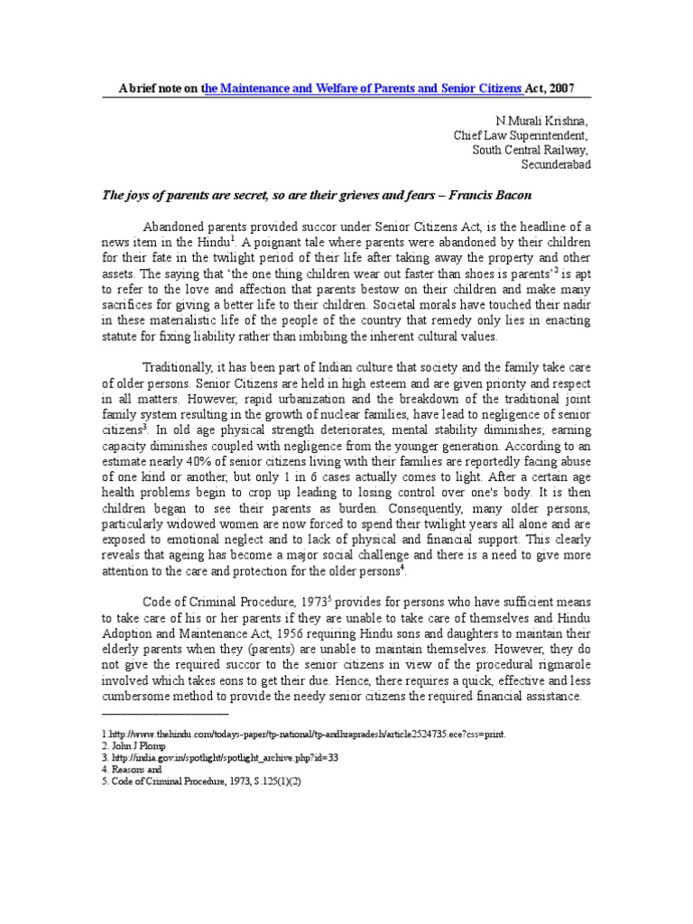 A Brief Note On The Maintenance and Welfare of Parents and Senior ...