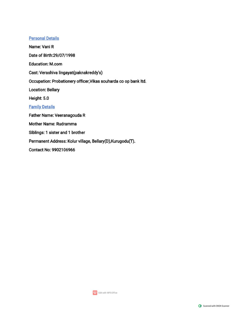 Vani Bio Data | PDF