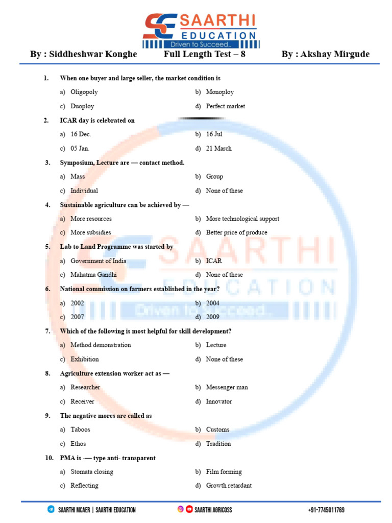 Full Length Test - 8 Question Paper | PDF | Ploidy