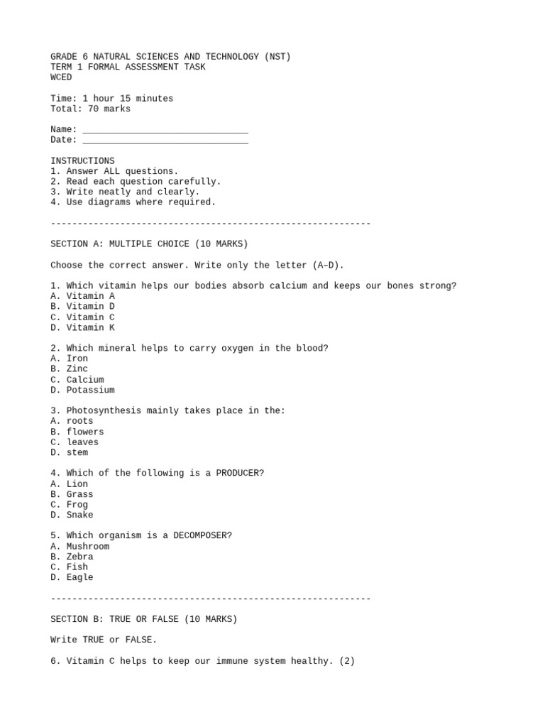 Grade 6 NST Term 1 Test | PDF | Foods | Ecosystem