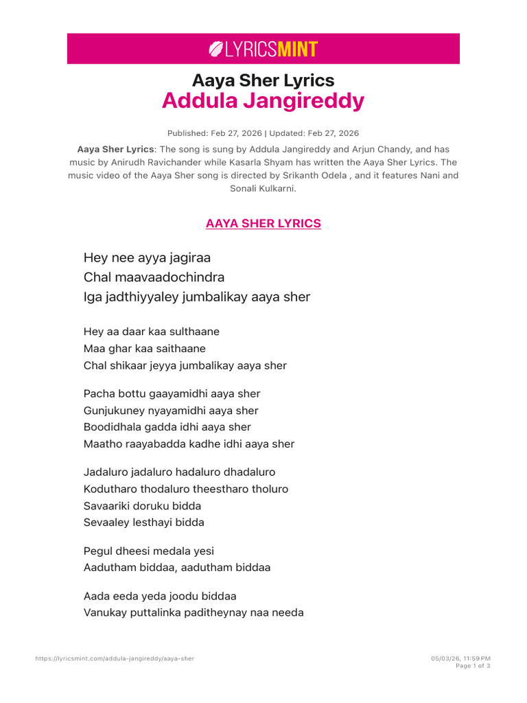 AAYA SHER LYRICS - Addula Jangireddy, Arjun Chandy | The Paradise | PDF