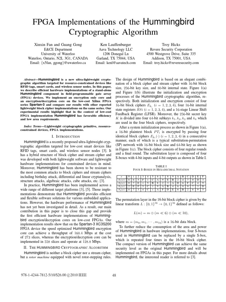 Fpga Implementations Of The Hummingbird Cryptographic Algorithm Pdf Cryptography Field