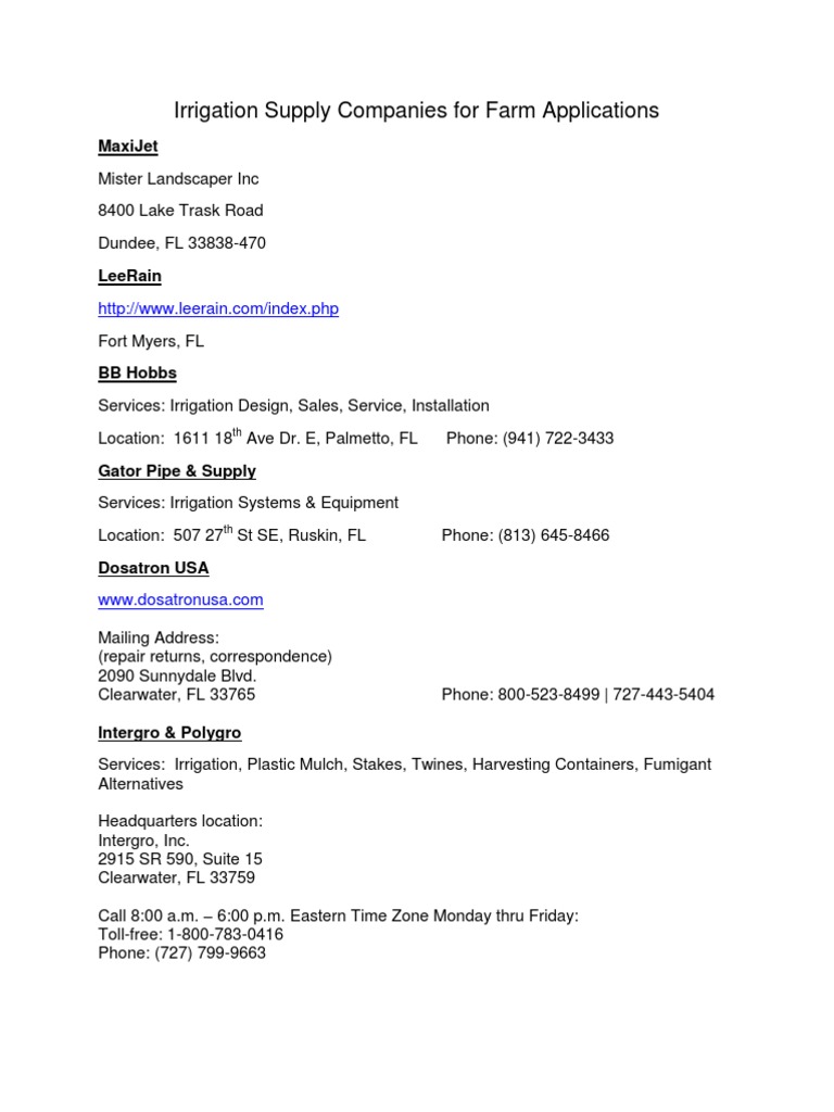 Florida Irrigation Supply Companies List | PDF | Agriculture | Nature