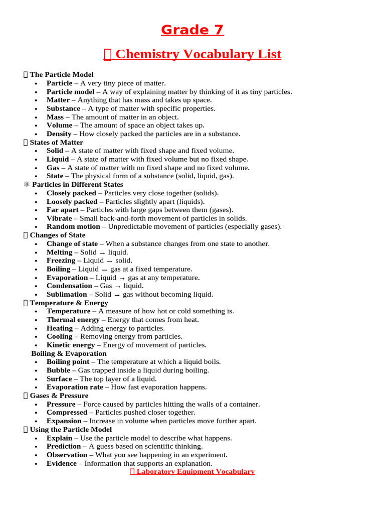 Grade 7 Vocabulary | PDF | Gases | Liquids