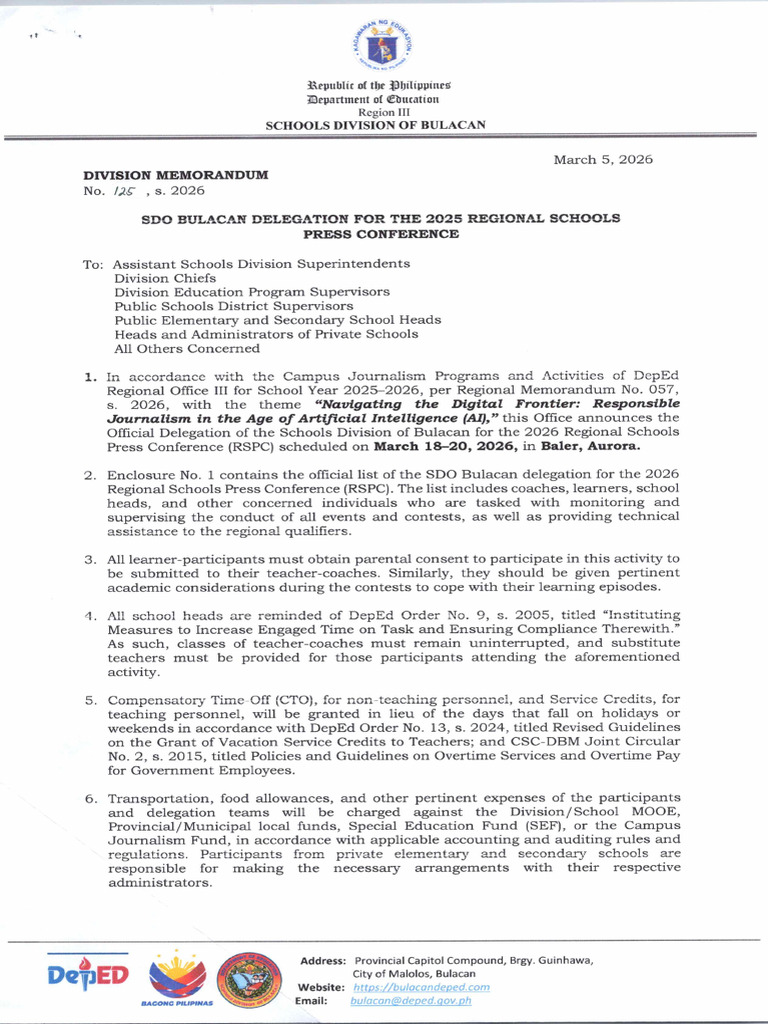 Division Memorandum No 125 S 2026 | PDF