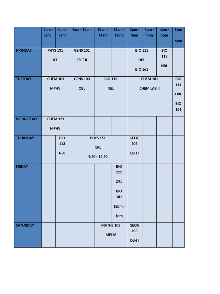 U25 Zoology Timetable | PDF