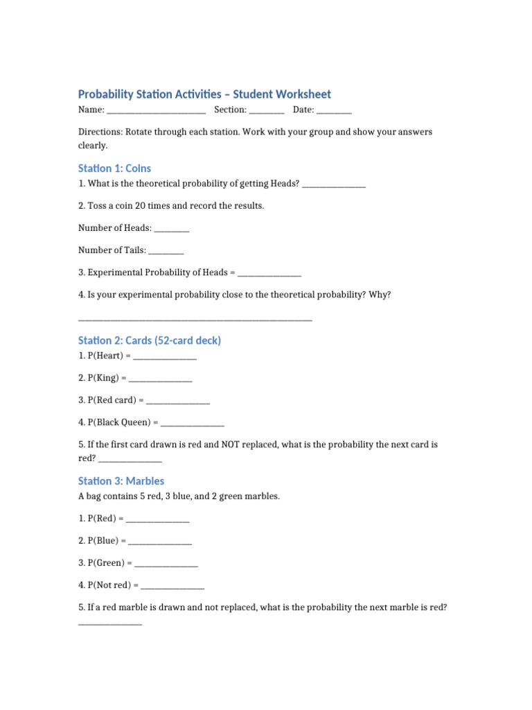 Probability Student Worksheet and Rubric | PDF