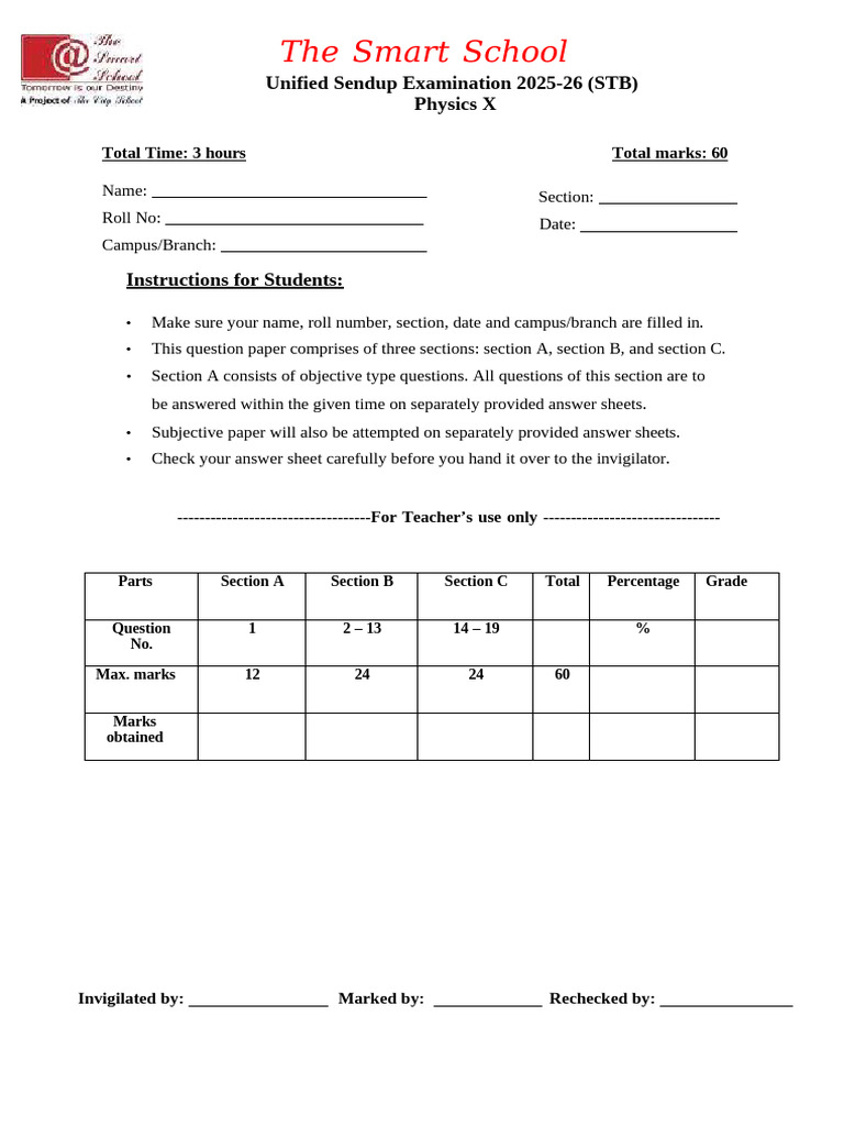 STB Physics X Unified Sendup Examination AY 2025-26 | PDF | Atomic ...