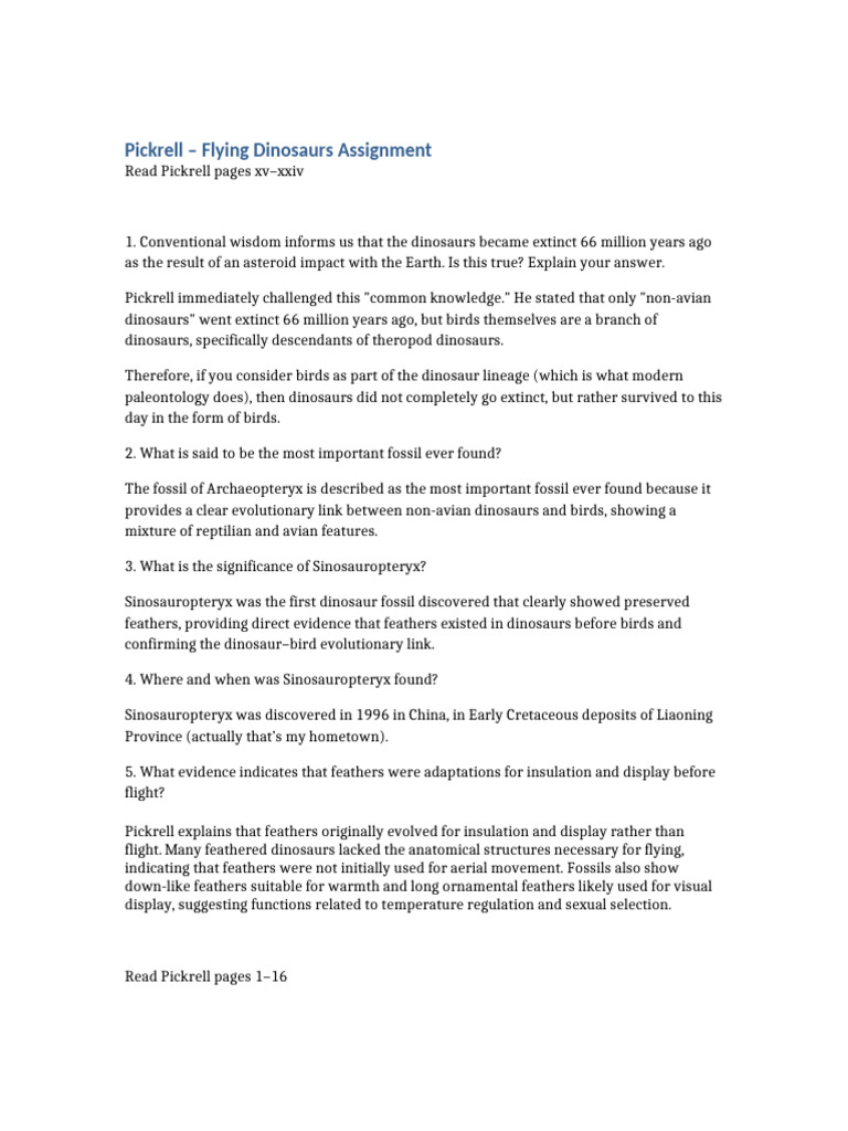 Pickrell Flying Dinosaurs Assignment | PDF | Dinosaurs | Birds