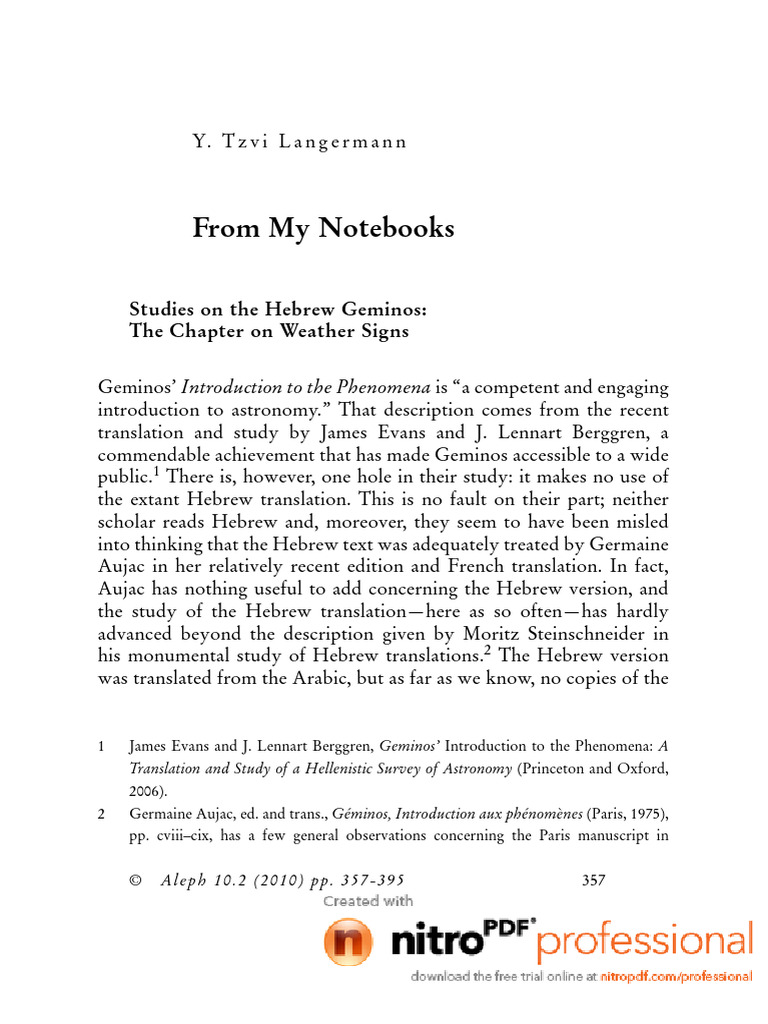Langermann, Y. Tzvi. Studies on the Hebrew Geminos the Chapter on ...