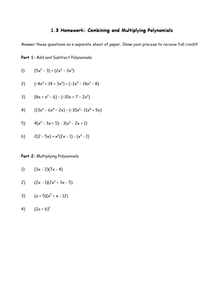 1.3 HW - Add Subtract Multiply Polynomials | PDF