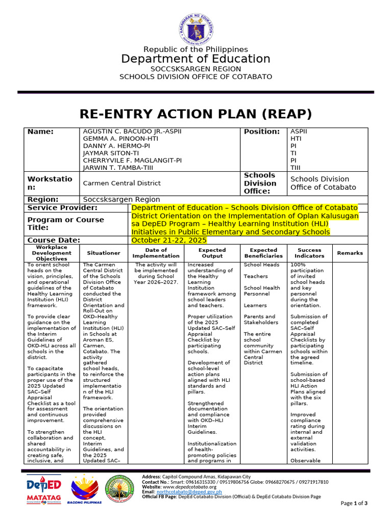 Re-Entry Ation Plan (HLI Orientation) | PDF