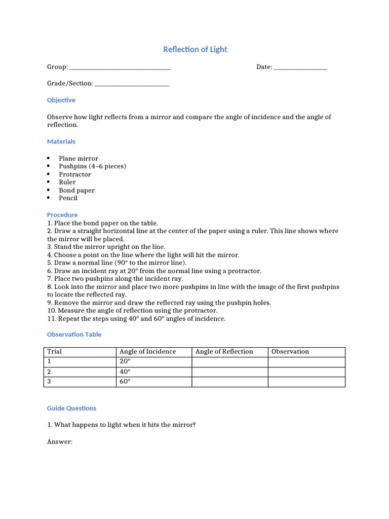 Grade 8 - Experiment - Reflection of Light | PDF
