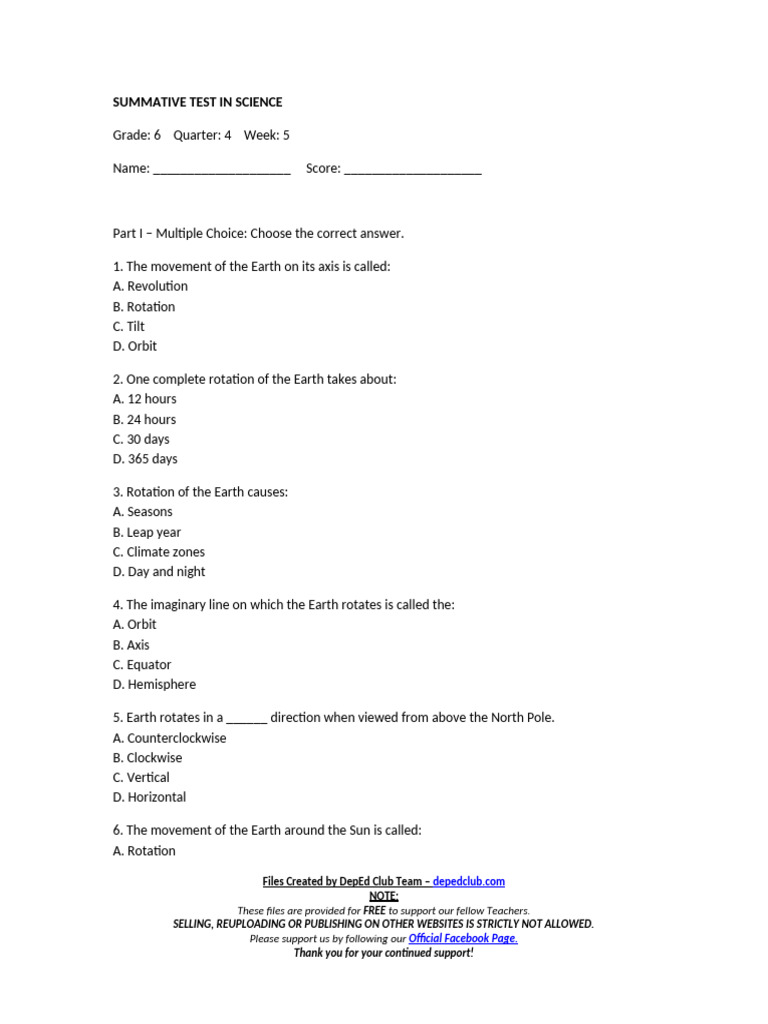 DTC - Summ - Test Science 6 Q4 W5 | PDF | Rotation | Earth