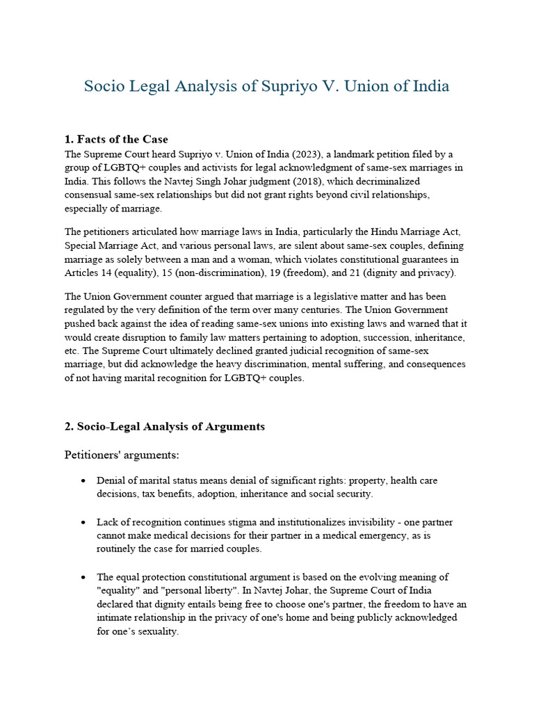 Socio Legal Analysis of Supriyo v. Union of India (1) | PDF | Marriage ...