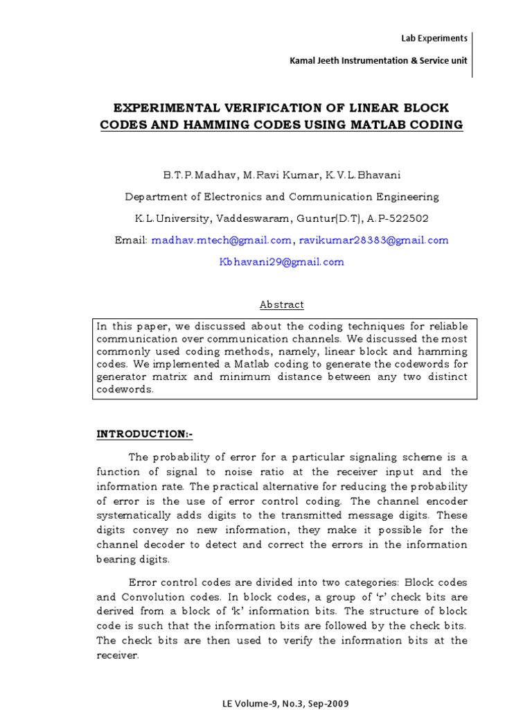 Experimental Verification of Linear Block Codes and Hamming Codes Using Matlab Coding | PDF ...