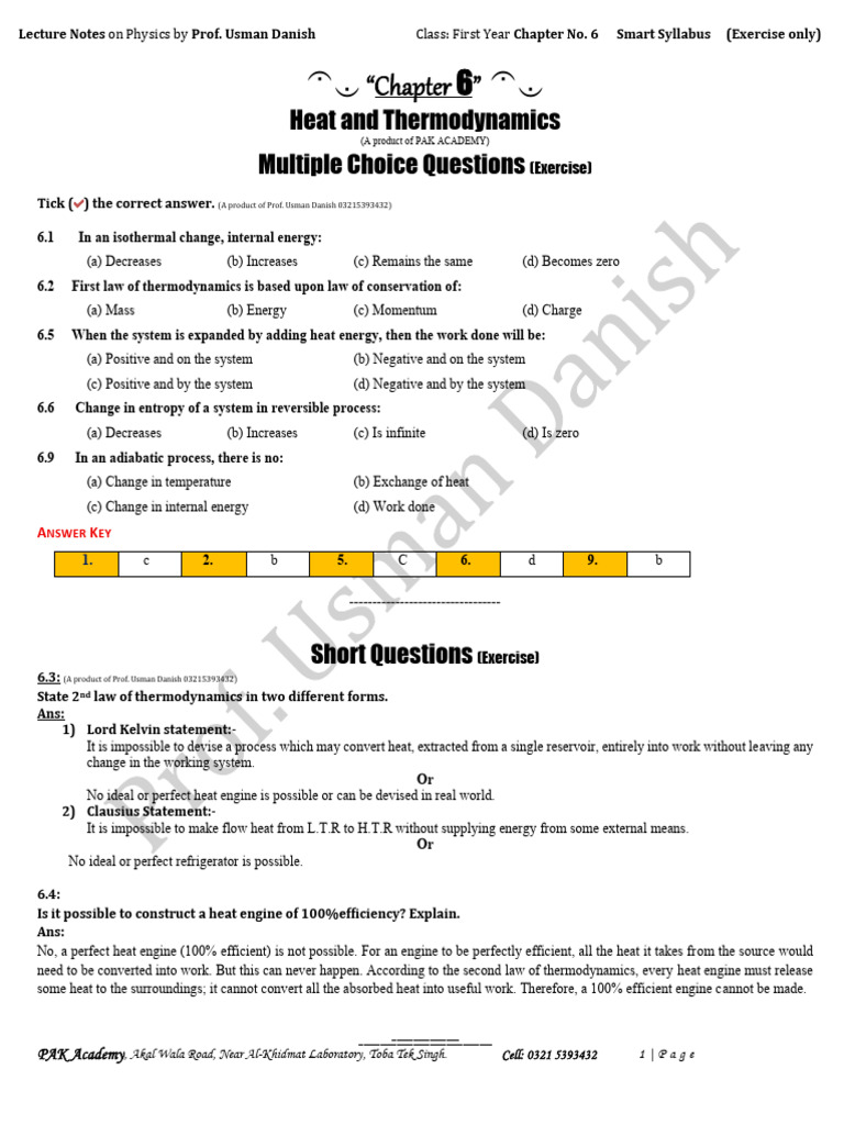 Chapter No. 6 (Exercise Only) | PDF | Heat | Entropy