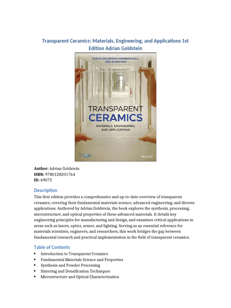Transparent Ceramics: Materials, Engineering, and Applications 1st ...
