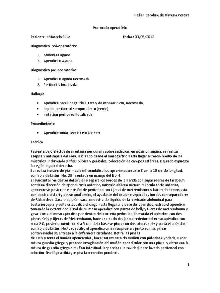 Protocolo Operatorio | PDF | Cirugía | Abdomen