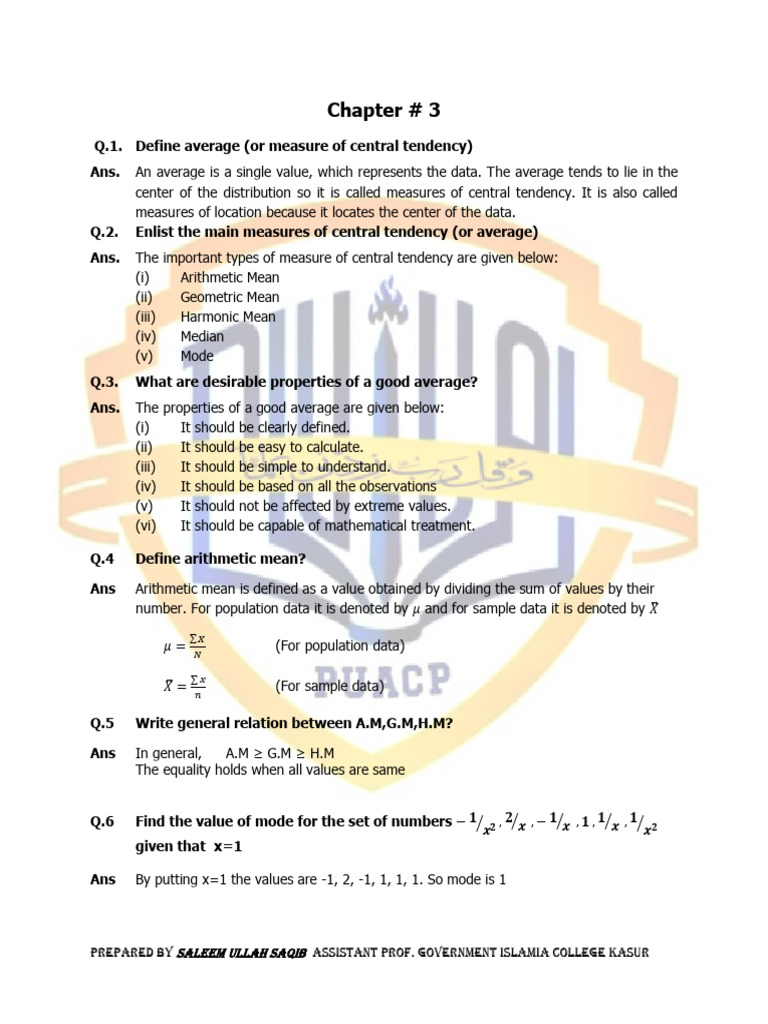 Definition STAT Chapter 3 SQ - Watermark | PDF | Average | Mode ...