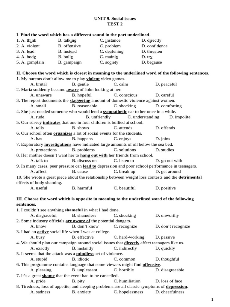 UNIT 9. Social Issues - TEST 2 | PDF | Bullying | Shame