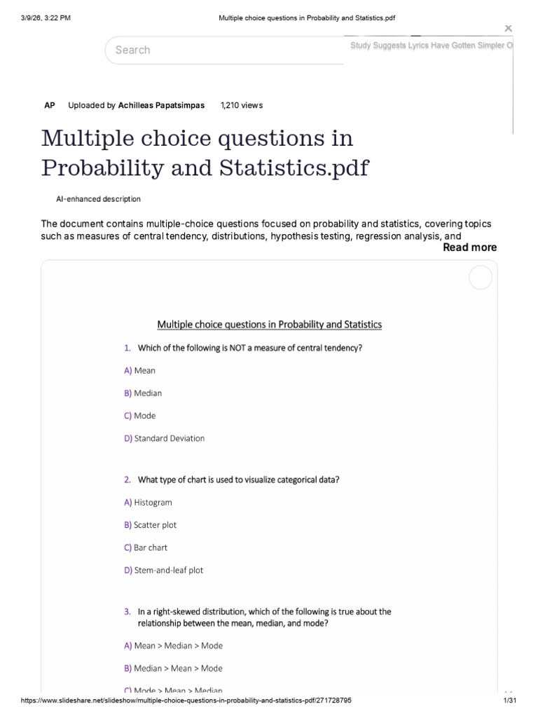 Multiple Choice Questions in Probability and Statistics | PDF | Student ...