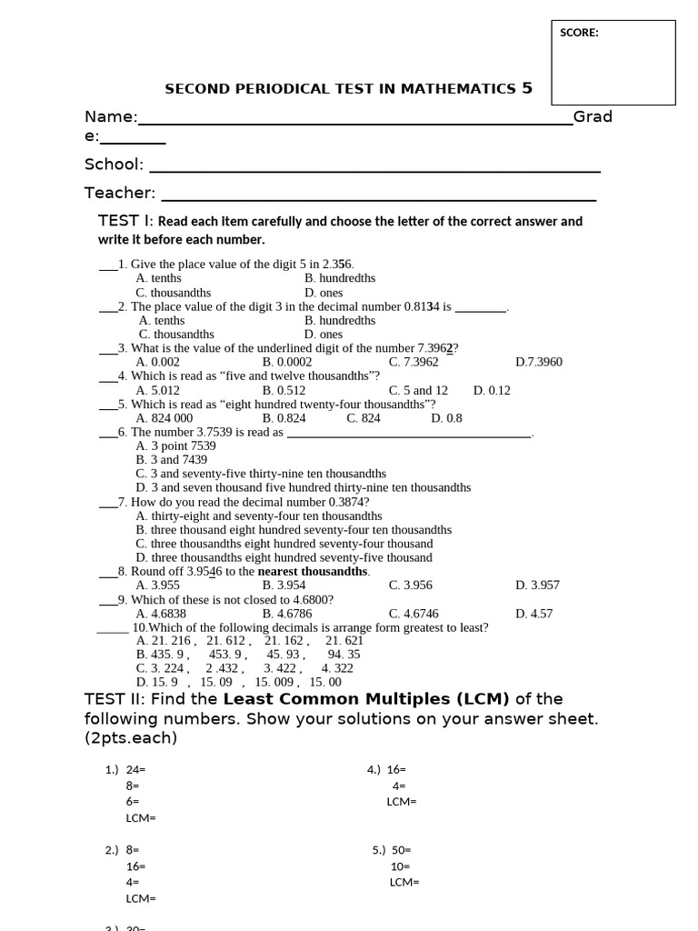 Summative Test in Mathematics 5 | PDF | Chess Openings | Numbers