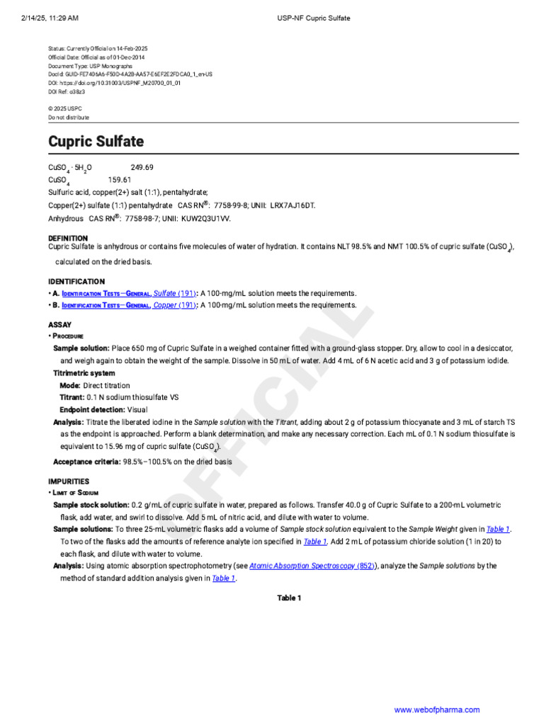 Cupric Sulfate USP | PDF | Titration | Chemistry