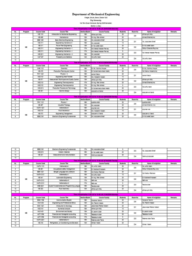 Mid Term Routine Spring 2026 - Day | PDF | Engineering | Physical Sciences