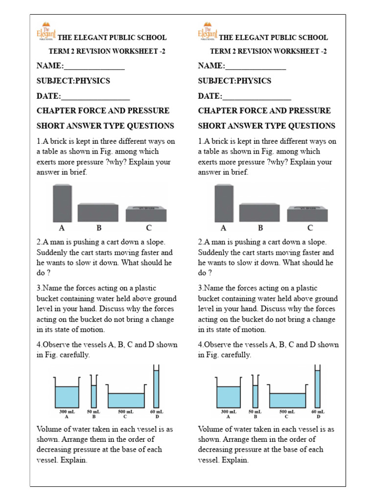 Force and Pressure Worksheet 2 | PDF | Pressure | Force